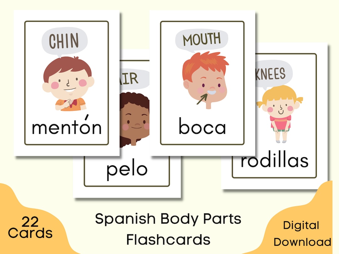 Spanish Body Parts Flashcards Printable, 22 Spanish Flashcards, English ...