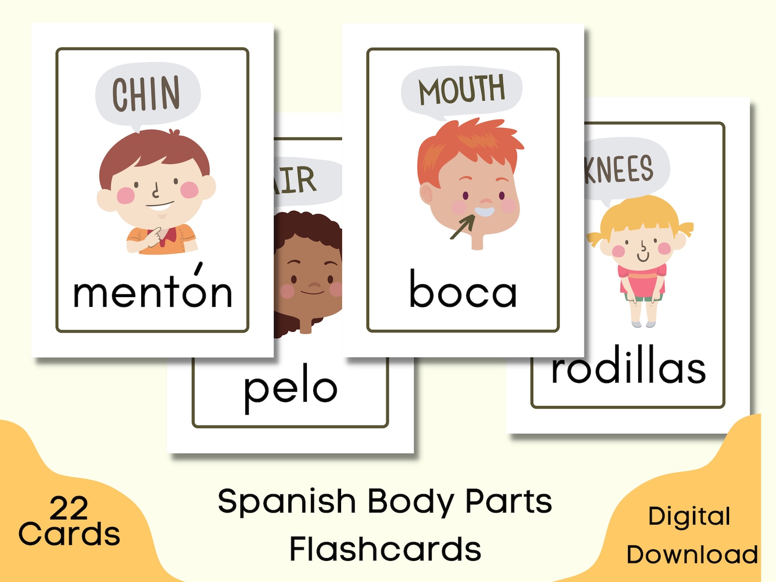 Spanish Body Parts Flashcards Printable, 22 Spanish Flashcards, English ...