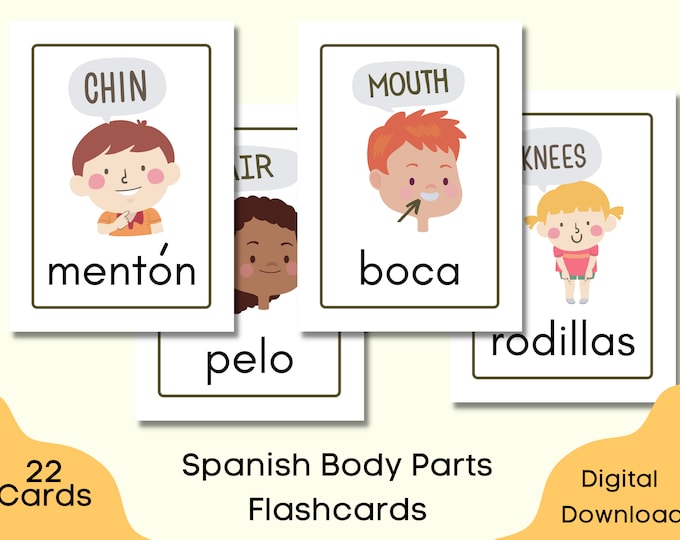 Spanish Body Parts Flashcards Printable, 22 Spanish Flashcards, English ...