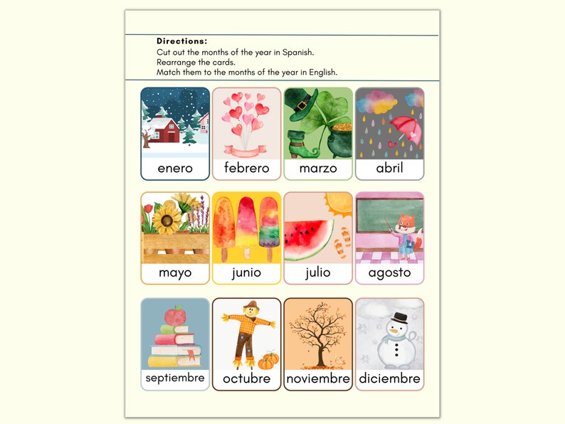 Spanish and English Months of the Year Matching Game ESL - Etsy