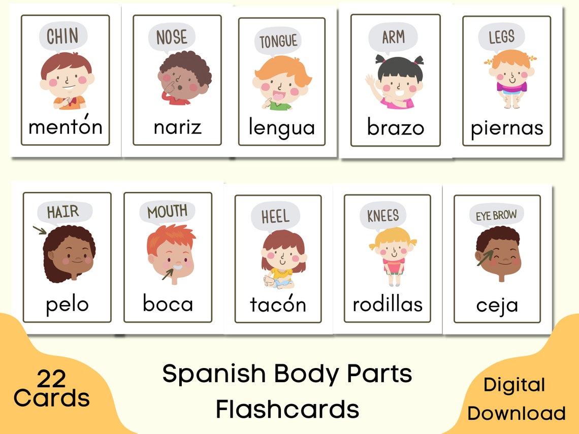 Spanish Body Parts Flashcards Printable 22 Spanish - Etsy
