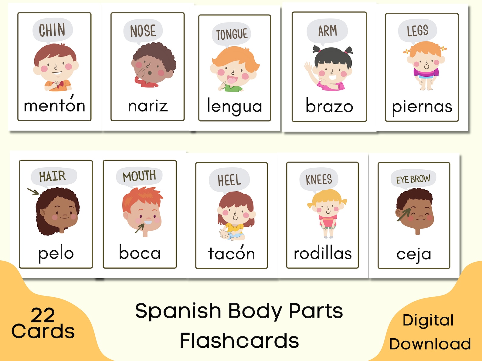 Spanish Body Parts Flashcards Printable, 22 Spanish Flashcards, English ...