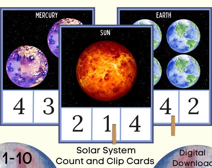 Planets Count and Clip Cards, Solar System Counting Clip Cards ...