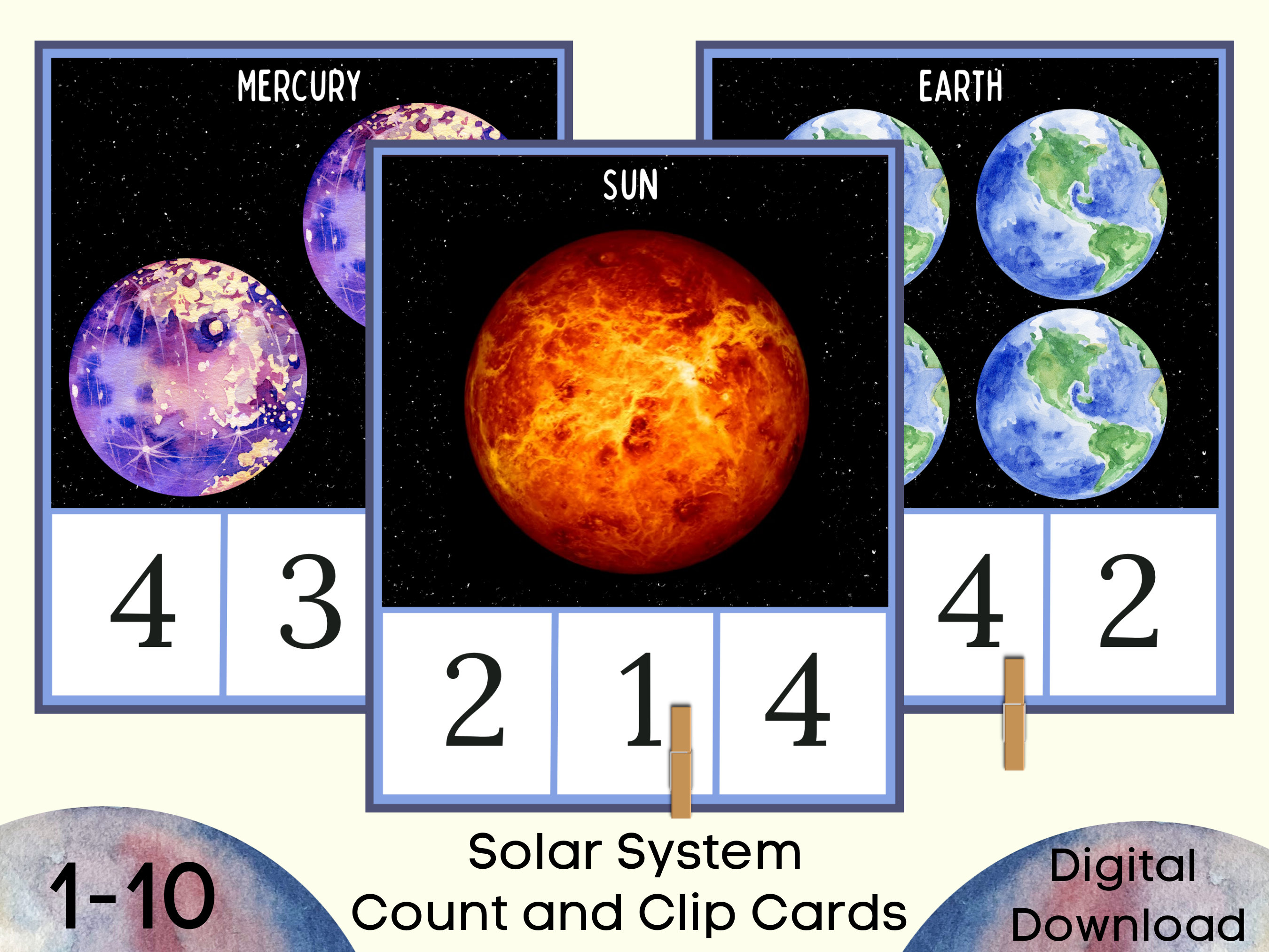Planets Count and Clip Cards Solar System Counting Clip - Etsy