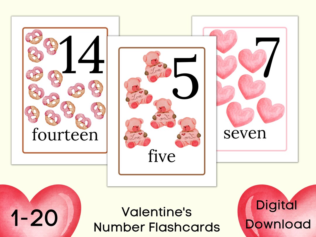 Tarjetas didácticas de números del 1 al 20 de San Valentín - Etsy España