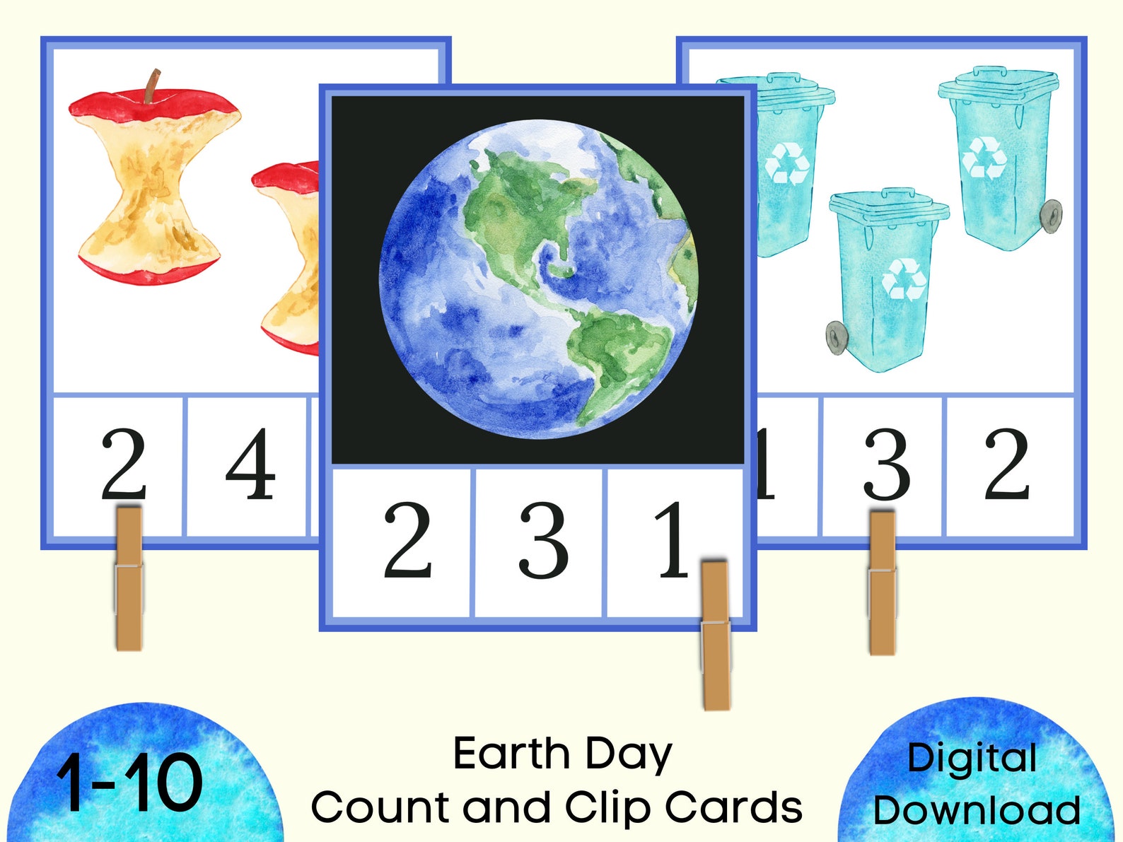 Earth Day Count and Clip Cards, Montesorri Counting 1-10, Homeschool ...