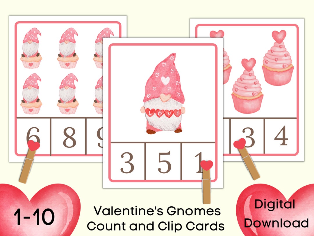 Valentine's Day Gnome Counting Clip Cards, Montessori Counting 1-10 ...