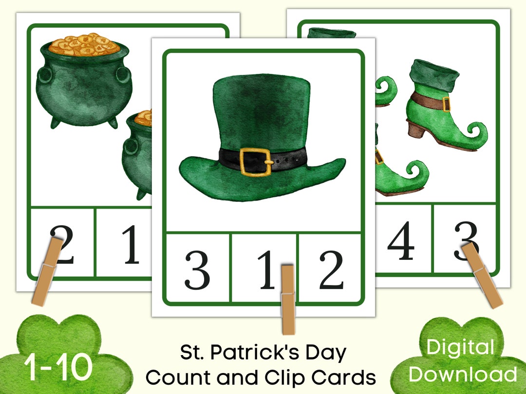 St. Patrick's Day Counting Clip Cards, Montessori Counting 1-10 ...