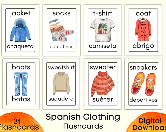 Spanish Clothing Flashcards Printable, 31 Spanish Flashcards, English ...