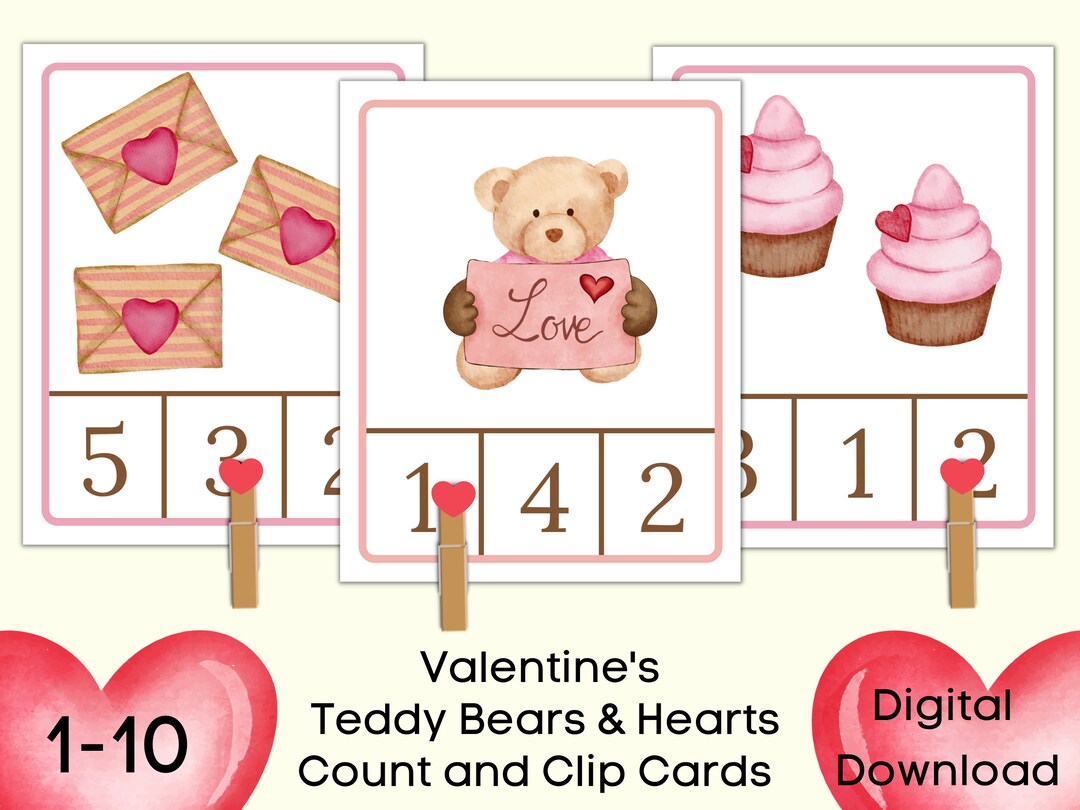 Valentine's Day Teddy Bears and Hearts Counting Clip Cards, Montessori ...