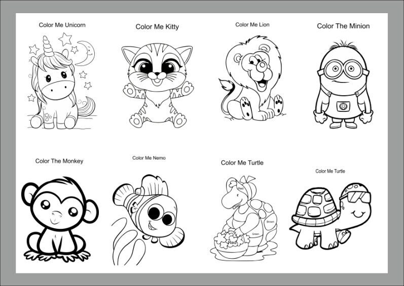 Set of 8 Color Me Print, Kids Activity, Cute Baby Animal Prints for ...