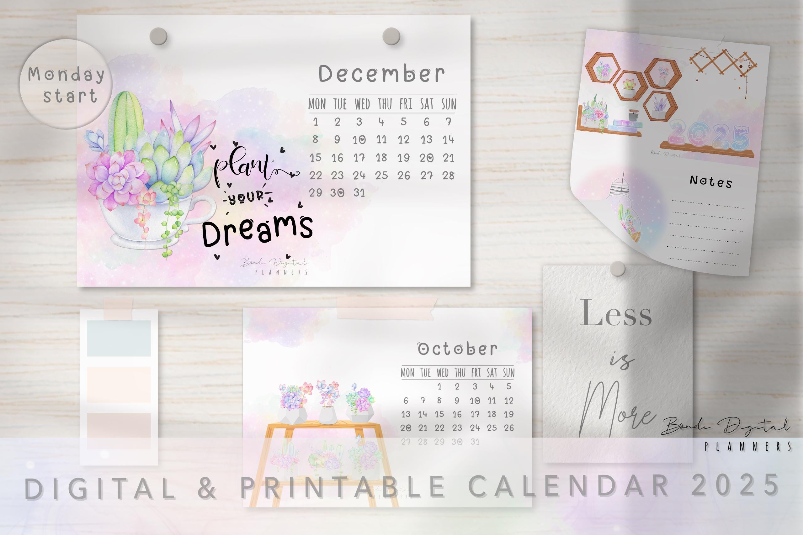 Printable Calendar 2025 | Cute Succulent Watercolour Calendars ...