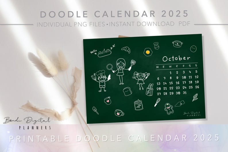 Printable Calendar 2025 Cute Calendars Family Kid Doodle Chalk Board Scribble Pastel Father ...