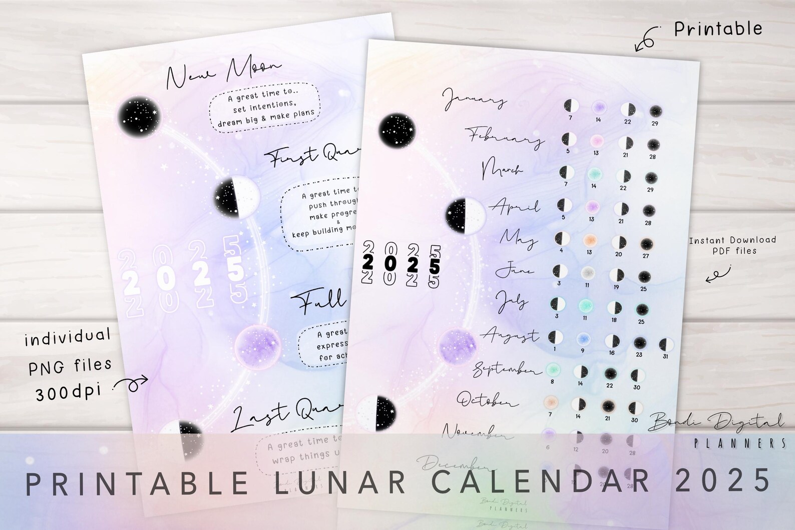Lunar Calendar 2025 | Moon Phases Calendars | Printable Digital Pastel ...