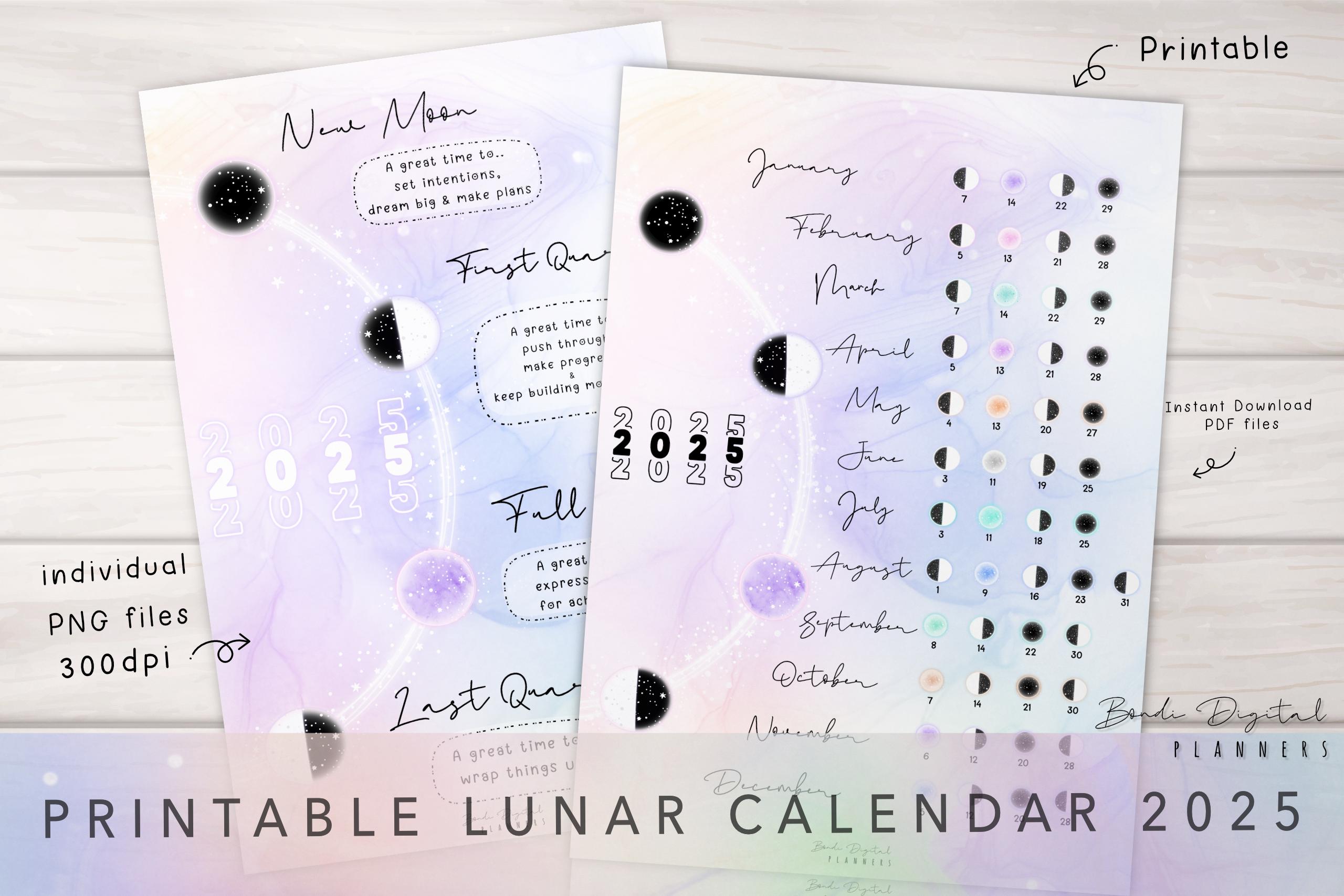 Lunar Calendar 2025 | Moon Phases Calendars | Printable Digital Pastel ...
