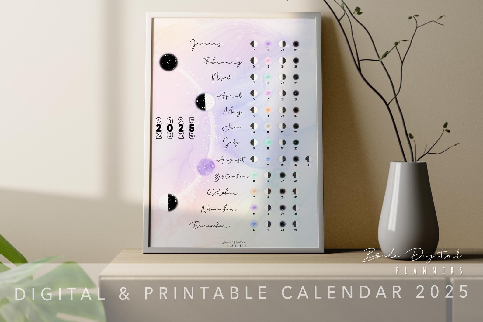 Lunar Calendar 2025 | Moon Phases Calendars | Printable Digital Pastel ...