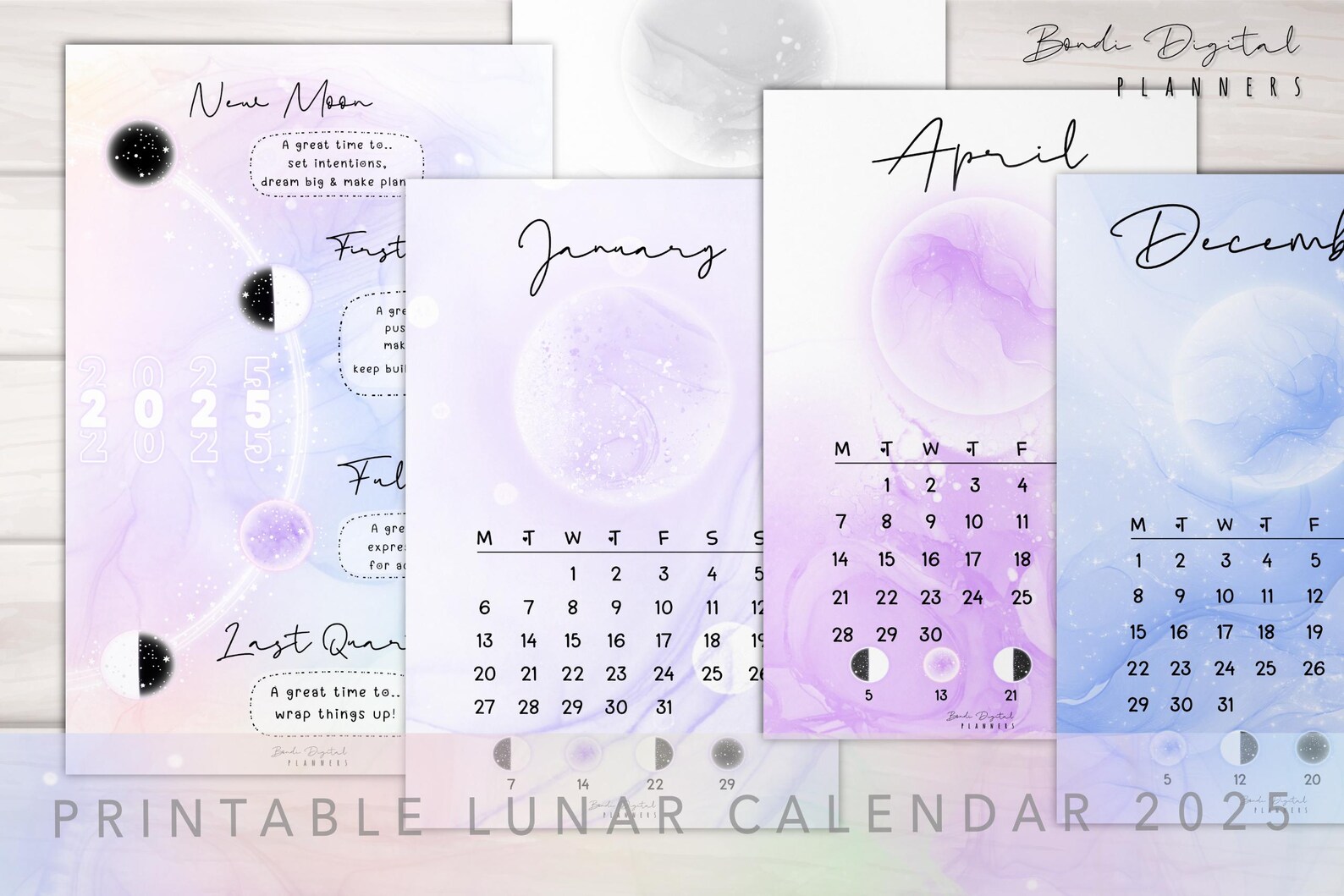 Lunar Calendar 2025 | Moon Phases Calendars | Printable Digital Pastel ...
