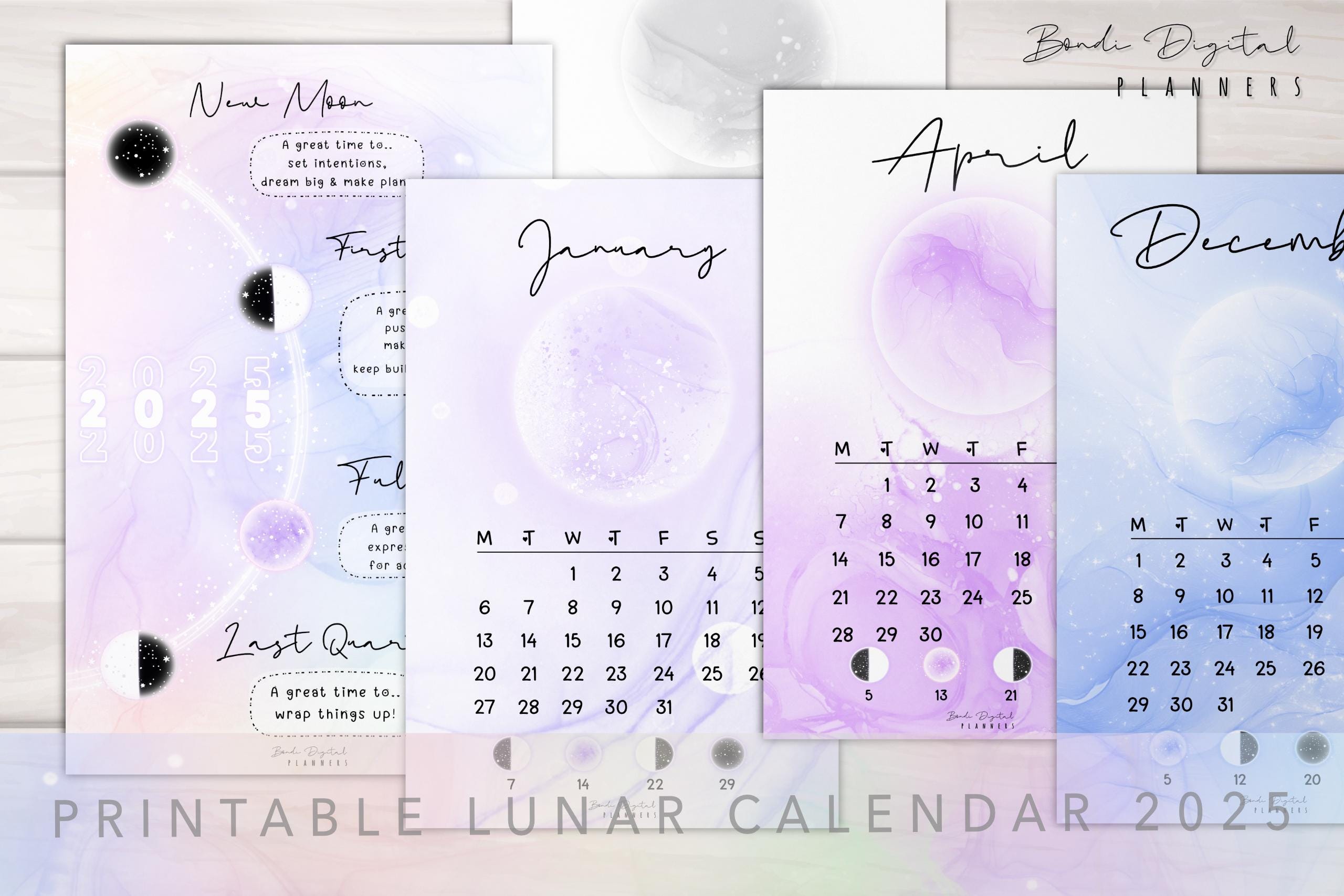 Lunar Calendar 2025 | Moon Phases Calendars | Printable Digital Pastel ...