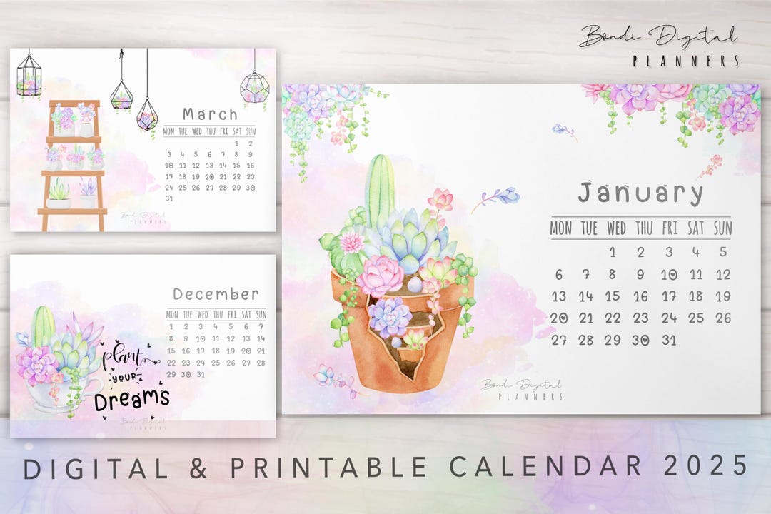 Printable Calendar 2025 | Cute Succulent Watercolour Calendars ...
