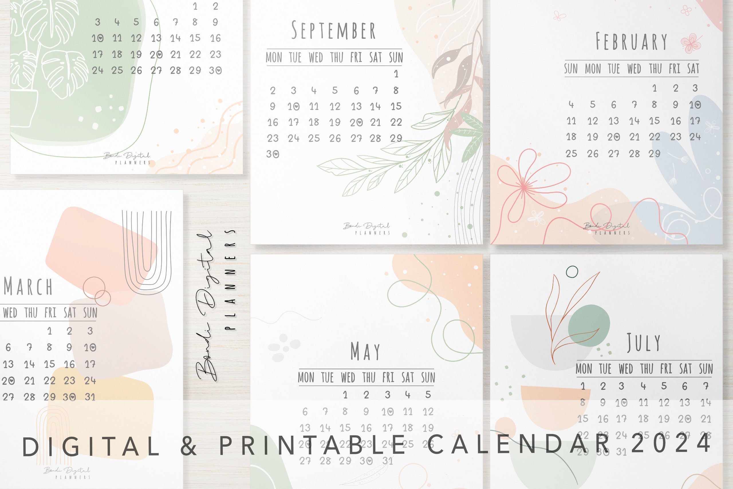 Printable Calendar 2024 Digital Calendars Aesthetic Abstract Pastel ...