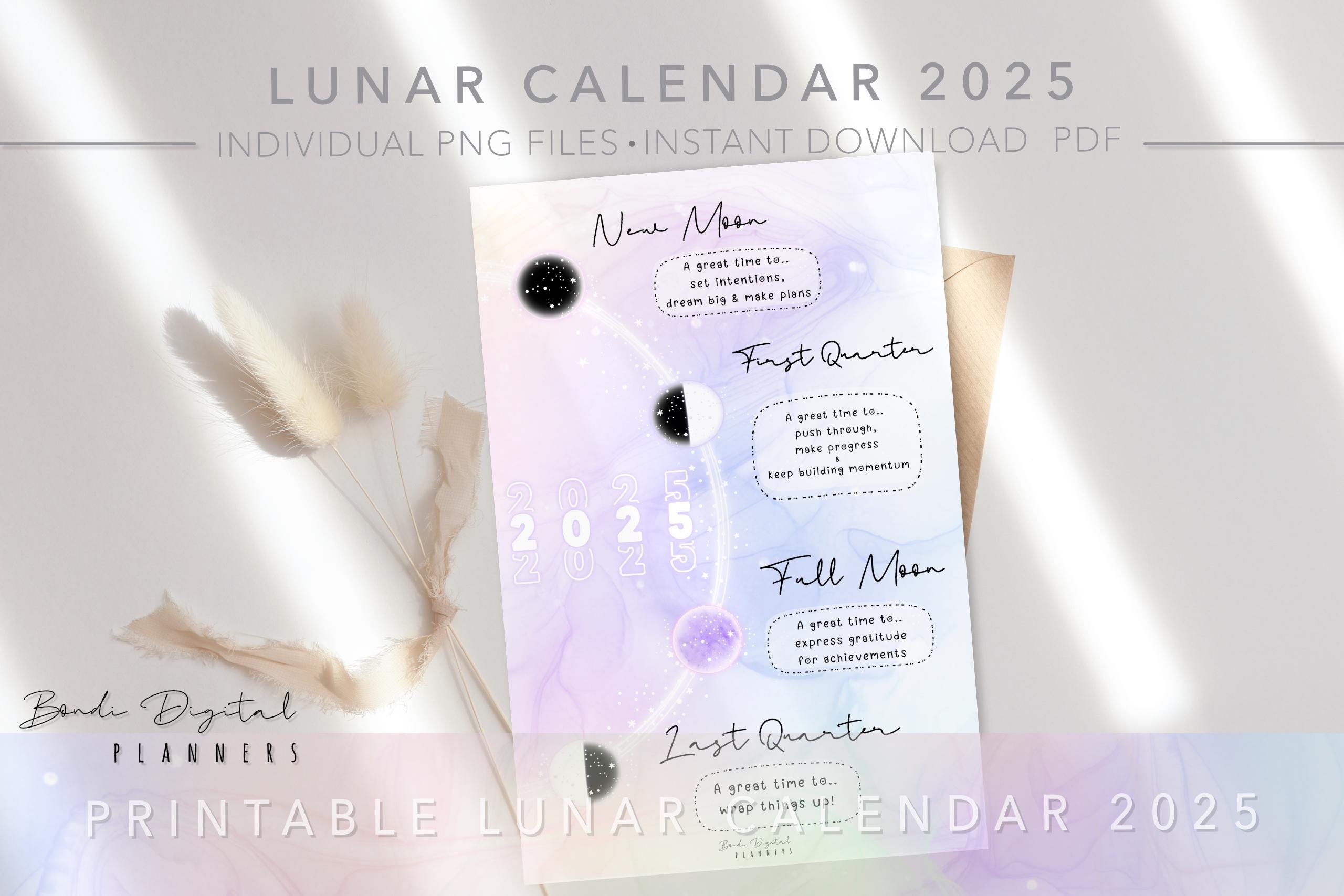 Lunar Calendar 2025 | Moon Phases Calendars | Printable Digital Pastel ...
