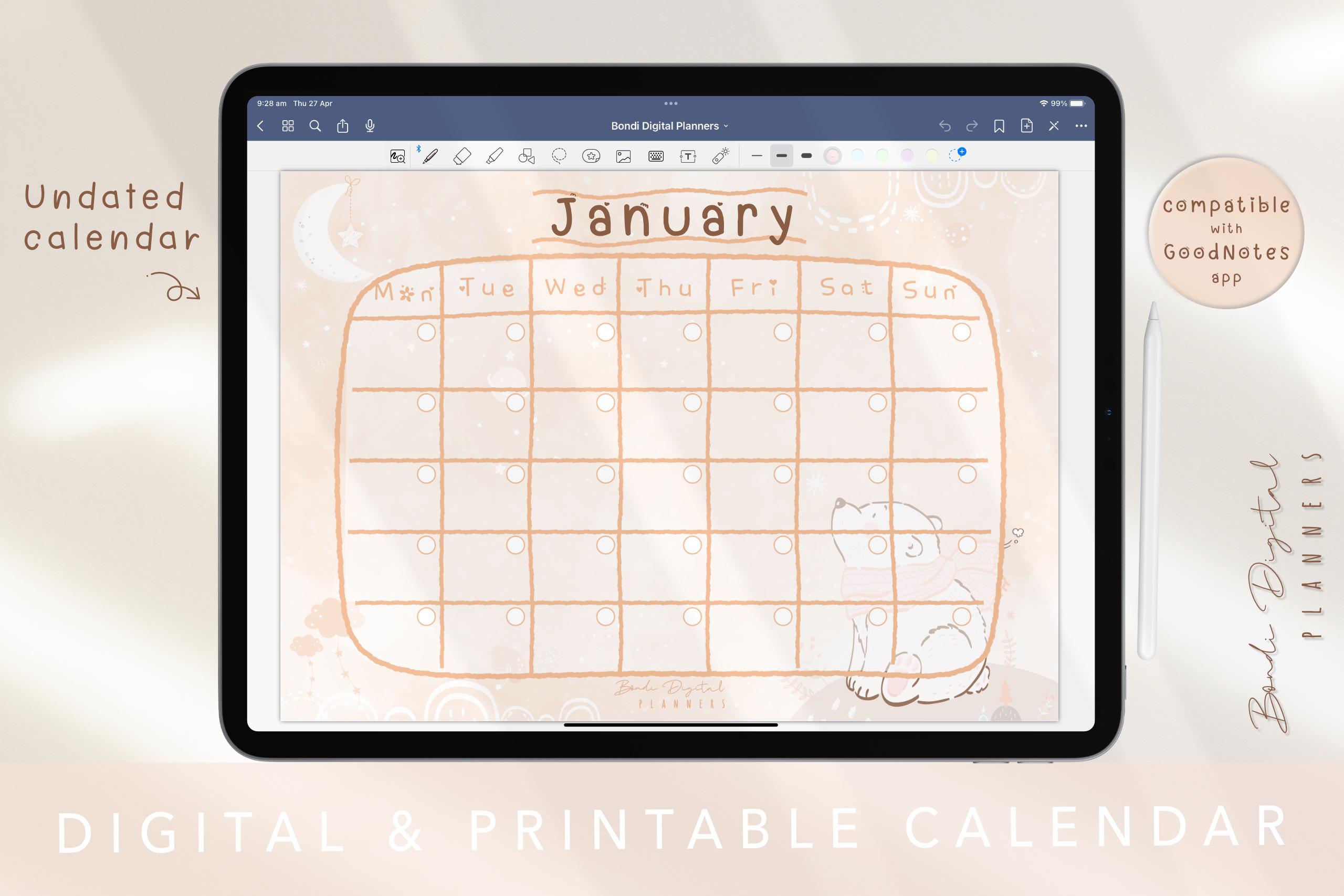 Cute Printable Calendars 2025 | Digital Planners Blank Undated Calendar ...