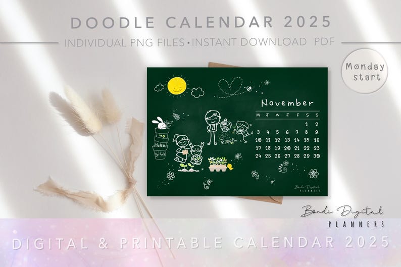 Printable Calendar 2025 Cute Calendars Family Kid Doodle Chalk Board ...