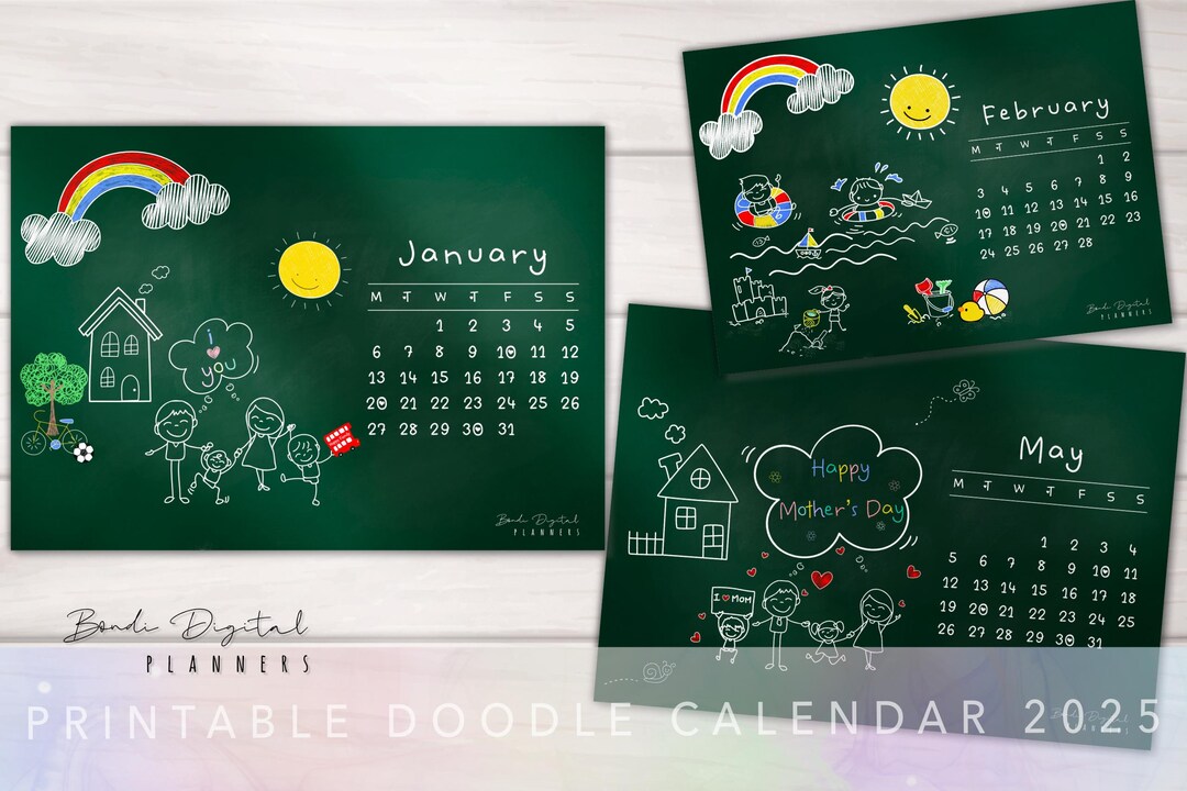 Printable Calendar 2025 | Cute Calendars Family | Kid Doodle | Chalk ...