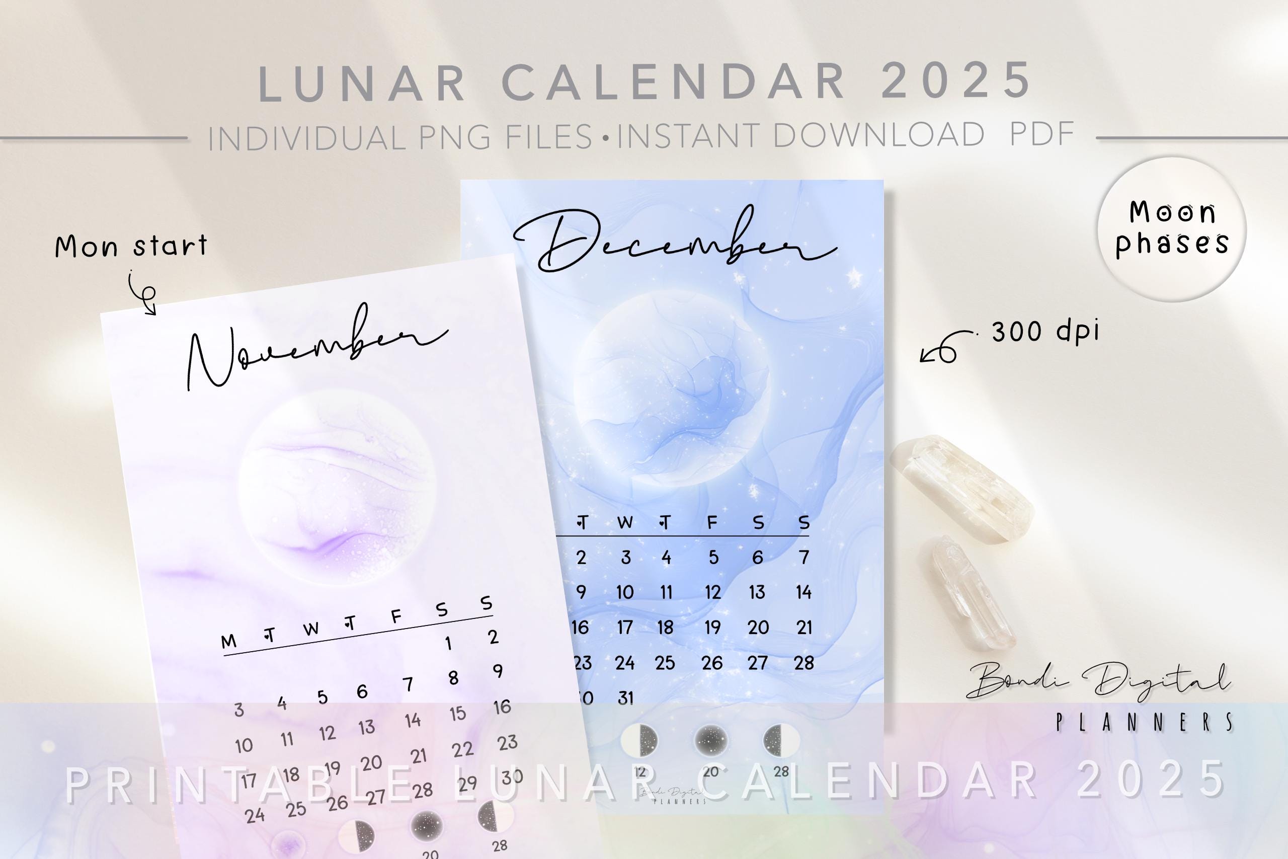Lunar Calendar 2025 | Moon Phases Calendars | Printable Digital Pastel ...