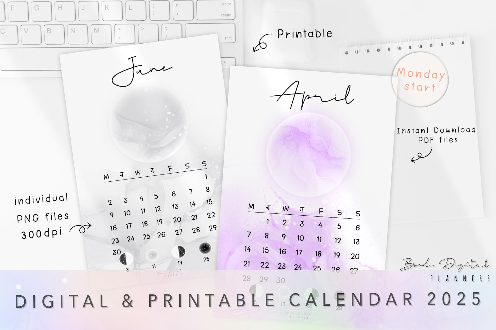 Lunar Calendar 2025 | Moon Phases Calendars | Printable Digital Pastel ...