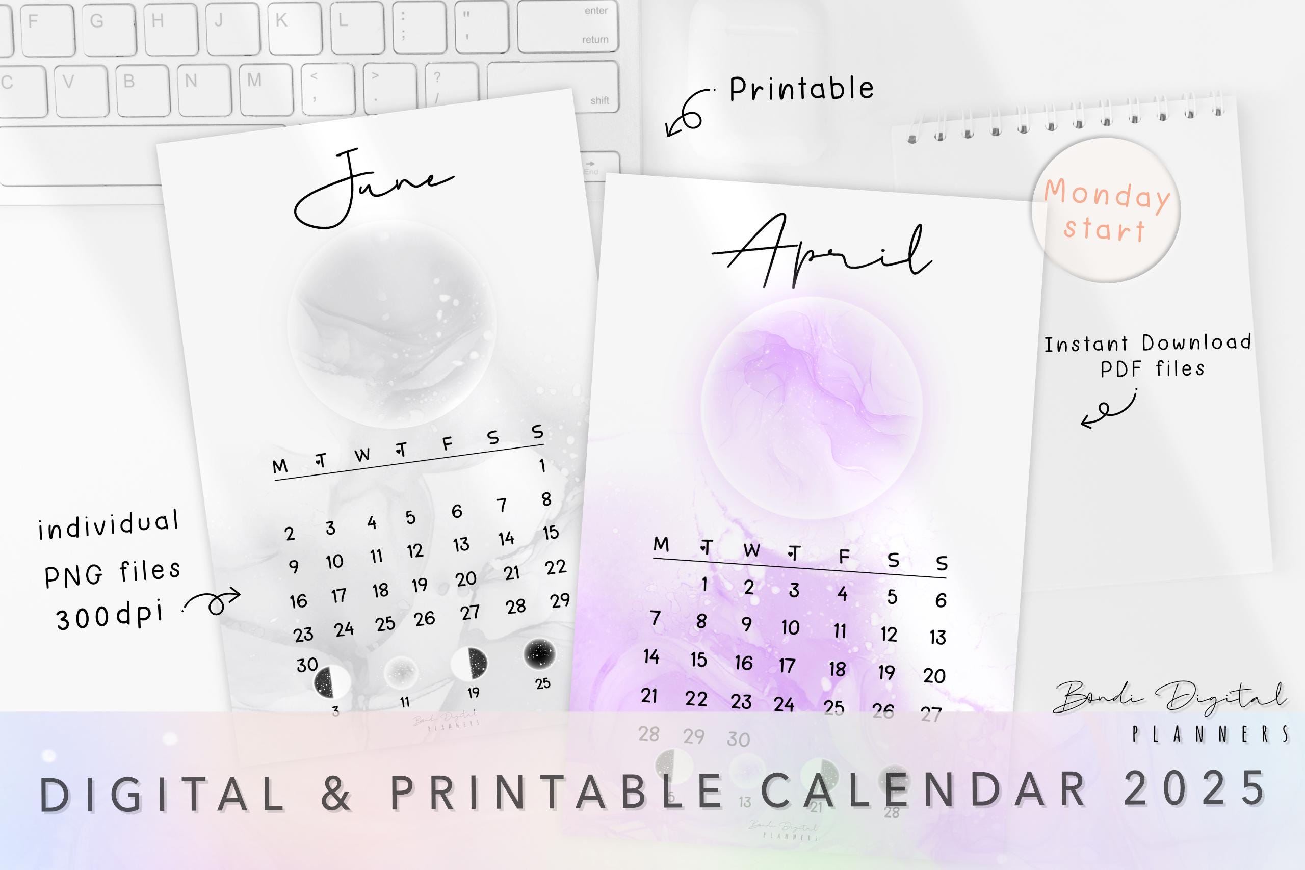 Lunar Calendar 2025 | Moon Phases Calendars | Printable Digital Pastel ...