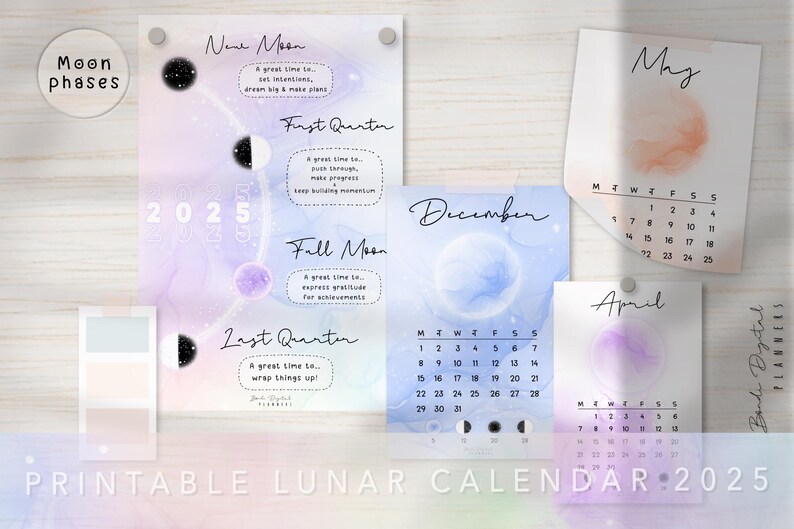 Lunar Calendar 2025 | Moon Phases Calendars | Printable Digital Pastel ...