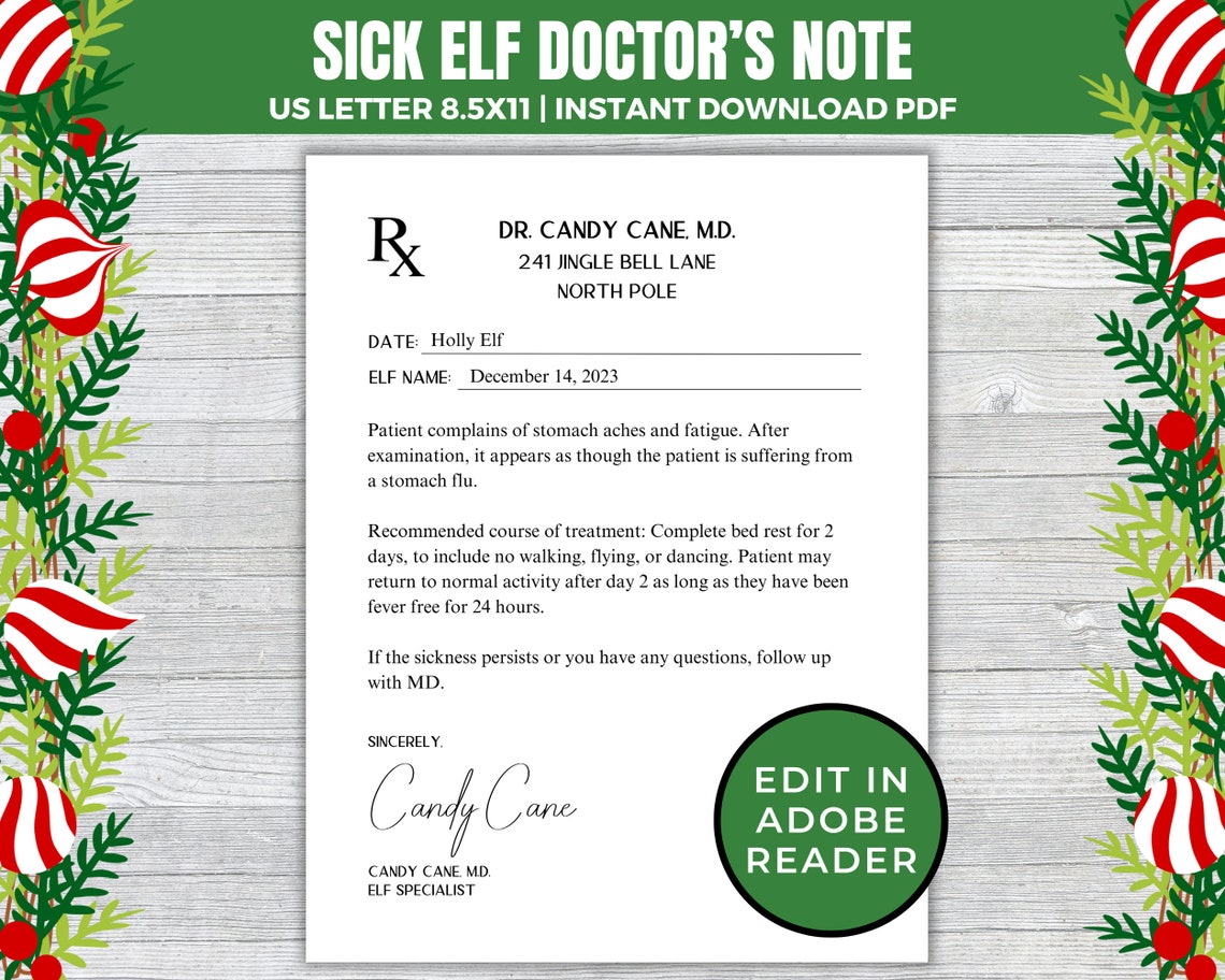 Editable Elf Sick Note, Elf Injury & Recovery Letter, Elf Doctor’s Note ...