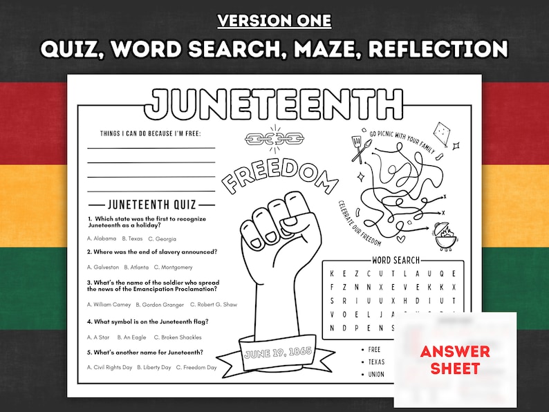 Juneteenth Coloring Page & Activity Placemat Sheet for Kids, Printable ...