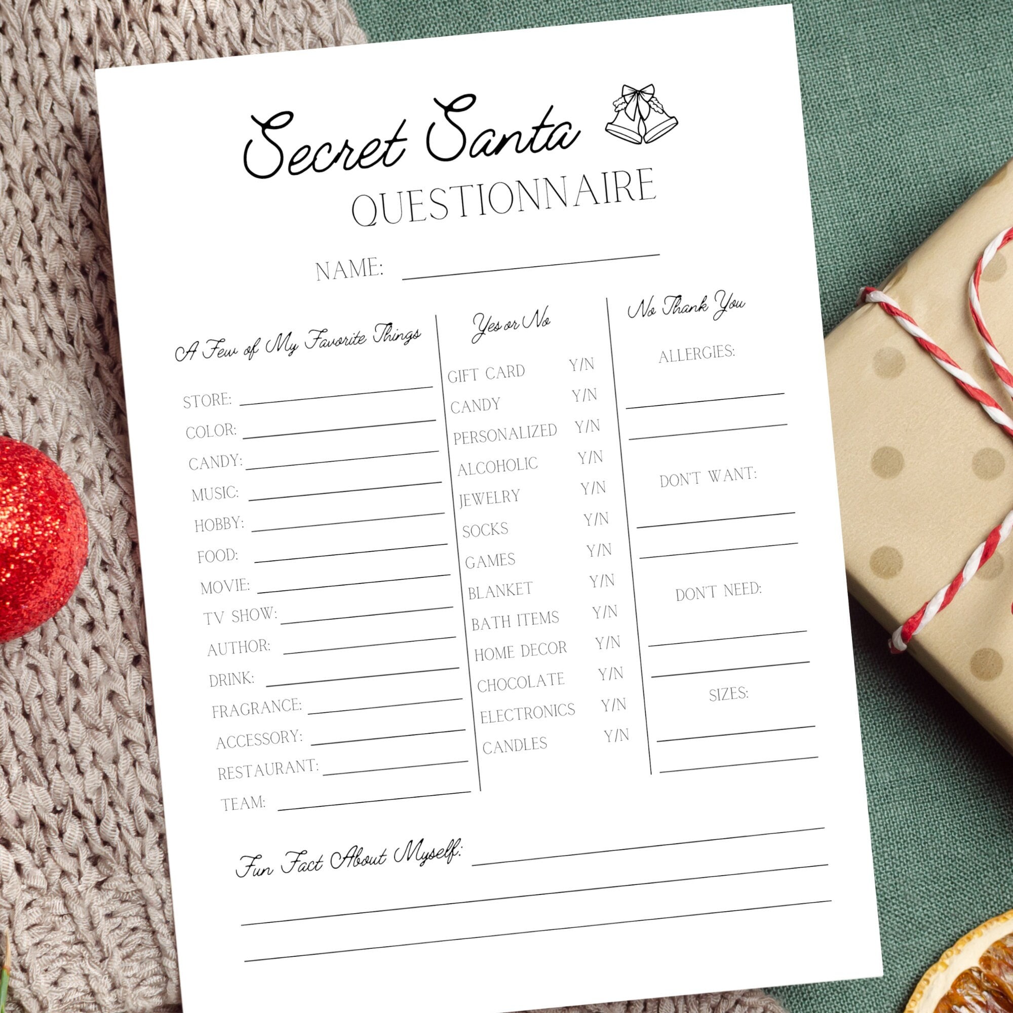 Secret Santa Questionnaire Printable Christmas Wish List Secret Santa ...