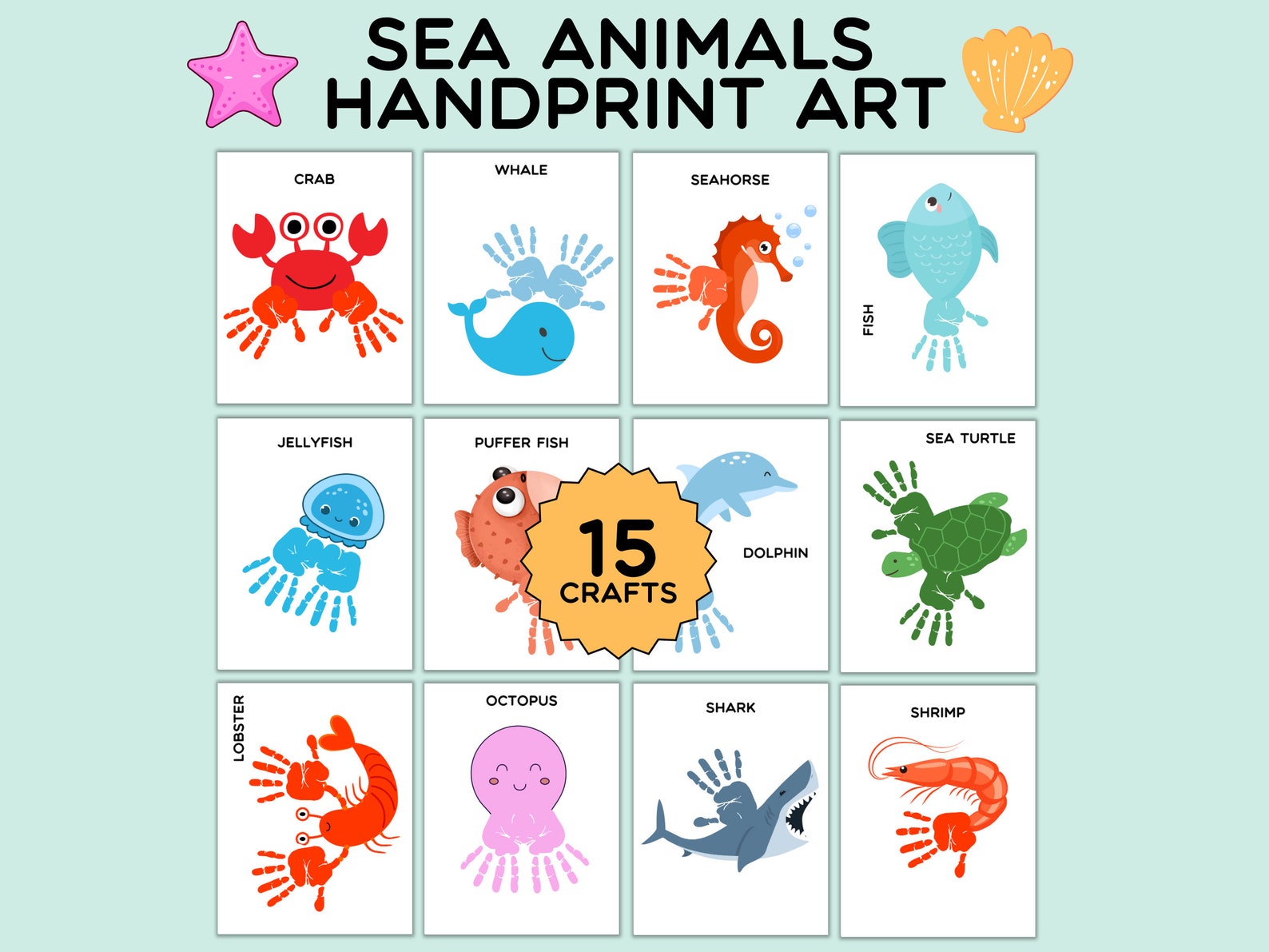 15 Sea Animals Handprint Art Bundle, Crustaceancore Classroom Nursery ...