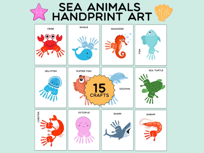 15 Sea Animals Handprint Art Bundle, Crustaceancore Classroom Nursery ...