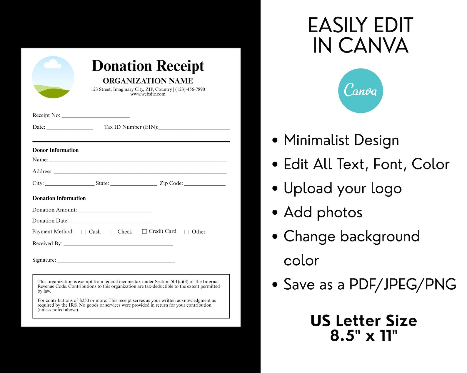 501c3 Donation Receipt, Editable Template for Nonprofit Donations ...