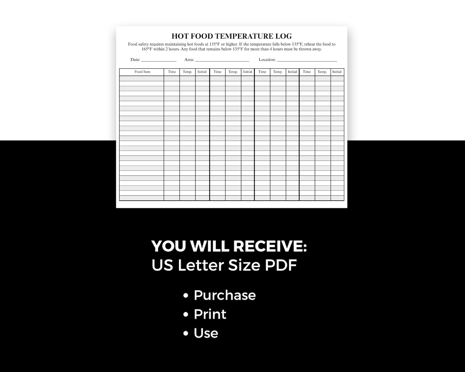 Printable Hot Food Temperature Log, Hot Food Log, Hot Food Temp, Hot ...