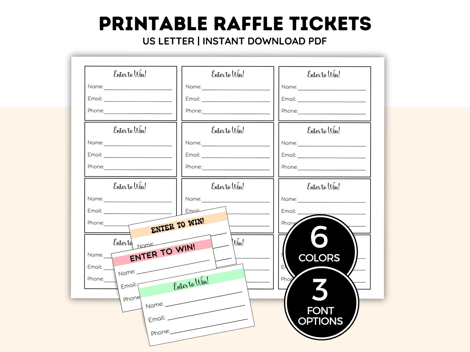 Printable Raffle Tickets, Enter to Win Tickets, Fundraiser Raffle ...