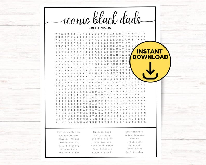 Iconic Black Dads Word Search for Baby Showers, Daddy to Be Game, Black ...