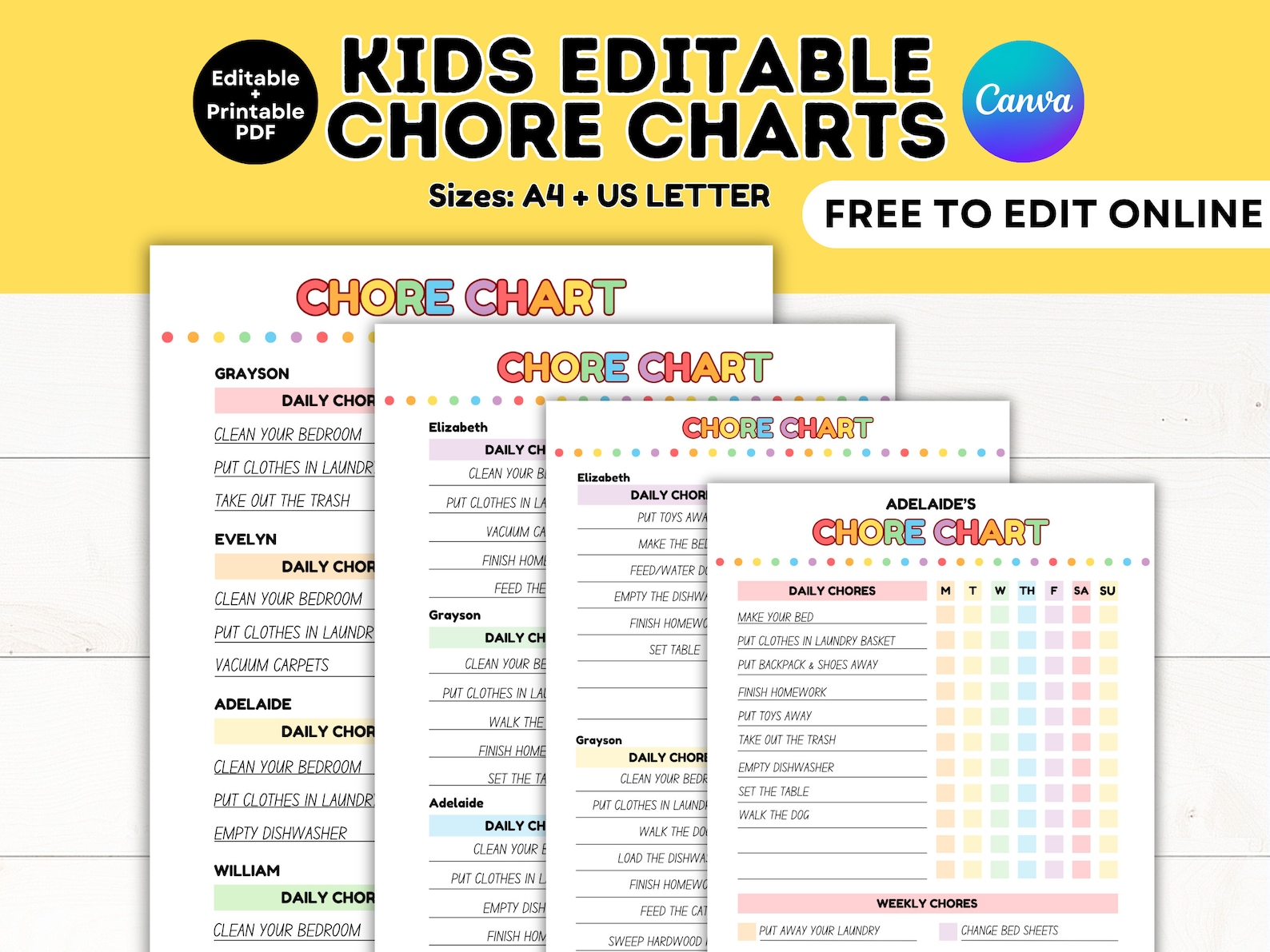 Editable Chore Chart for Kids, Multiple Kids Chore Chart, Kids Daily ...