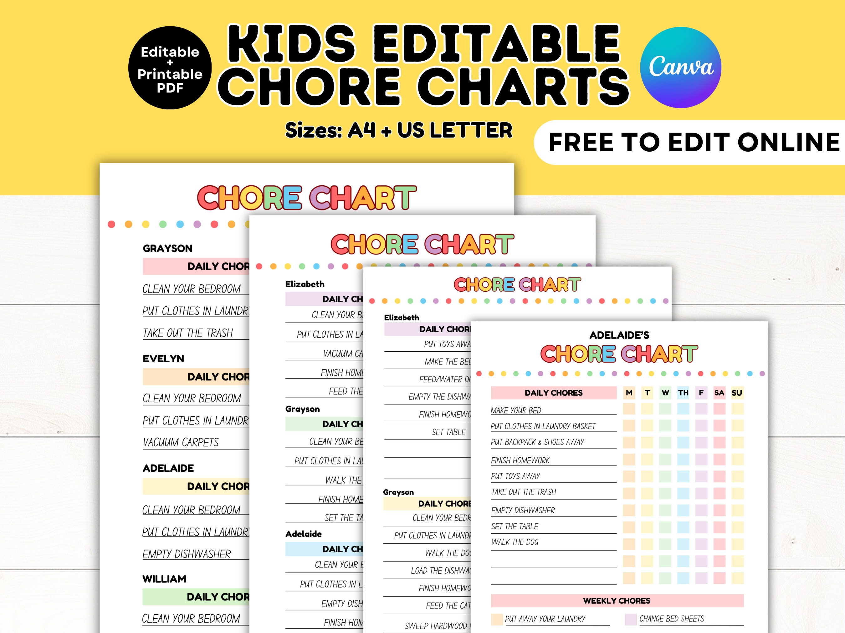 Editable Chore Chart for Kids, Multiple Kids Chore Chart, Kids Daily ...