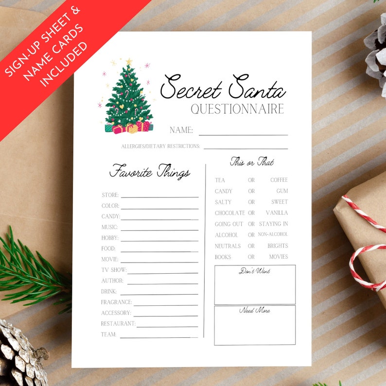 Secret Santa Questionnaire Printable Christmas Wish List Secret Santa ...