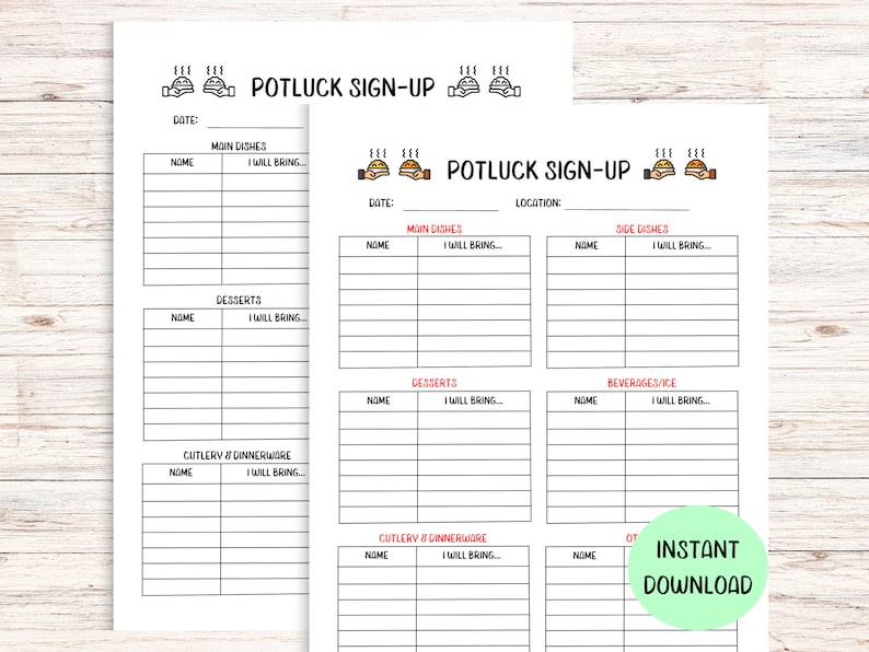 Potluck Sign up Sheet, Printable for Potluck Party, Sign up for Potluck ...