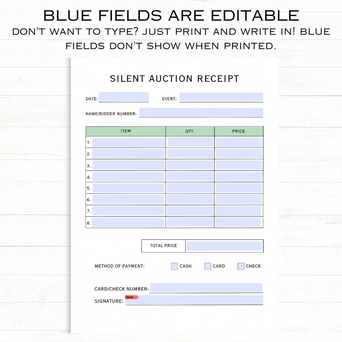 Printable Silent Auction Editable Template, Editable Auction Receipt ...