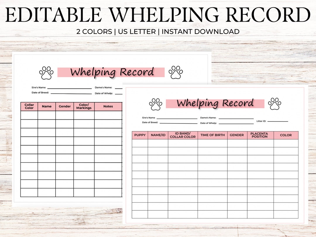 Dog Whelping Record Editable PDF, Breeder Records, Dog Breeder Forms ...