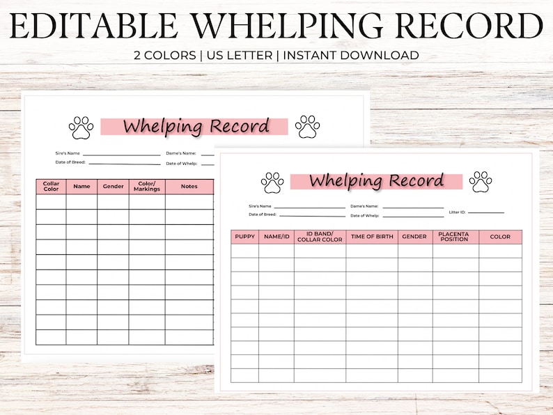 Dog Whelping Record Editable PDF, Breeder Records, Dog Breeder Forms ...