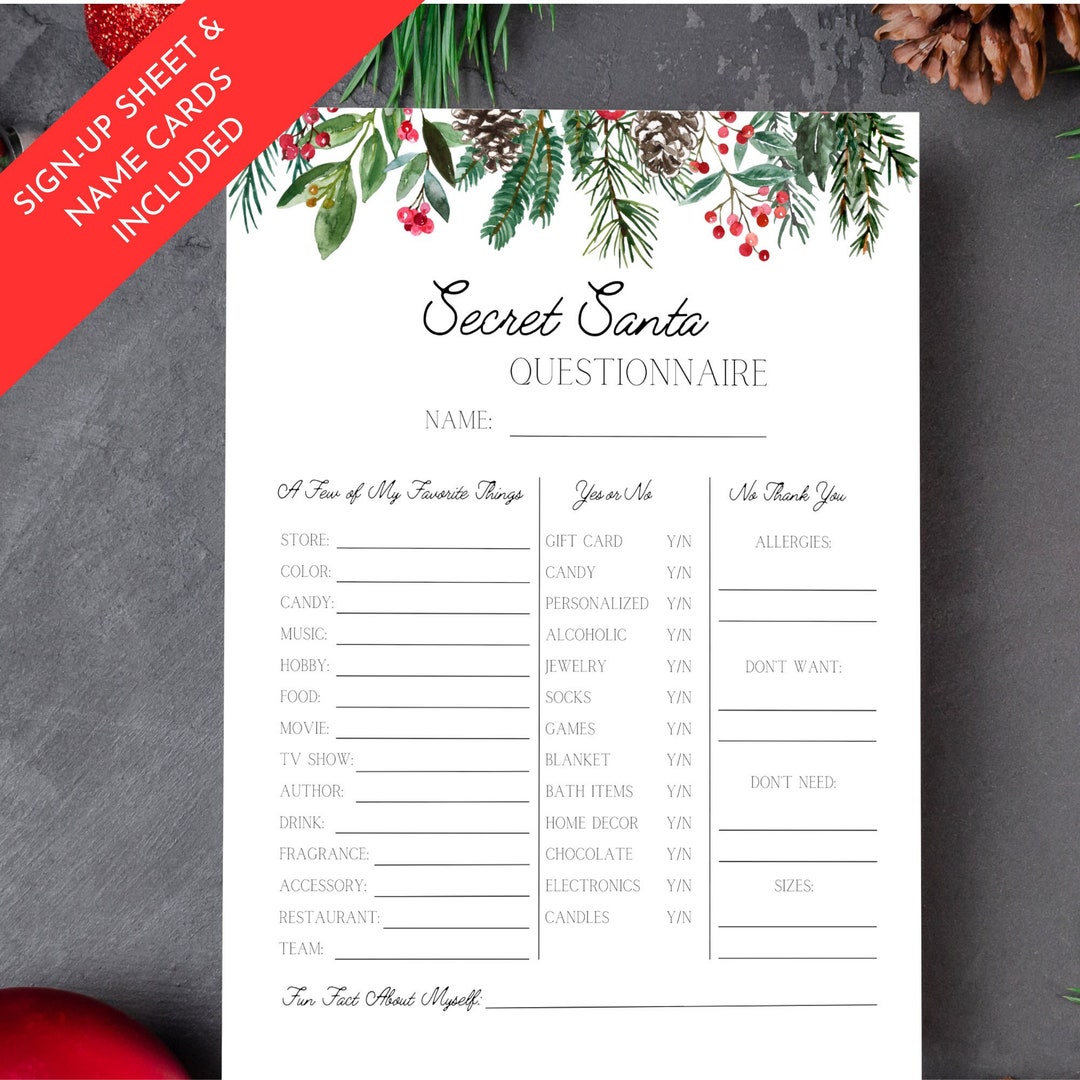 Secret Santa Questionnaire Printable Christmas Wish List Secret Santa ...