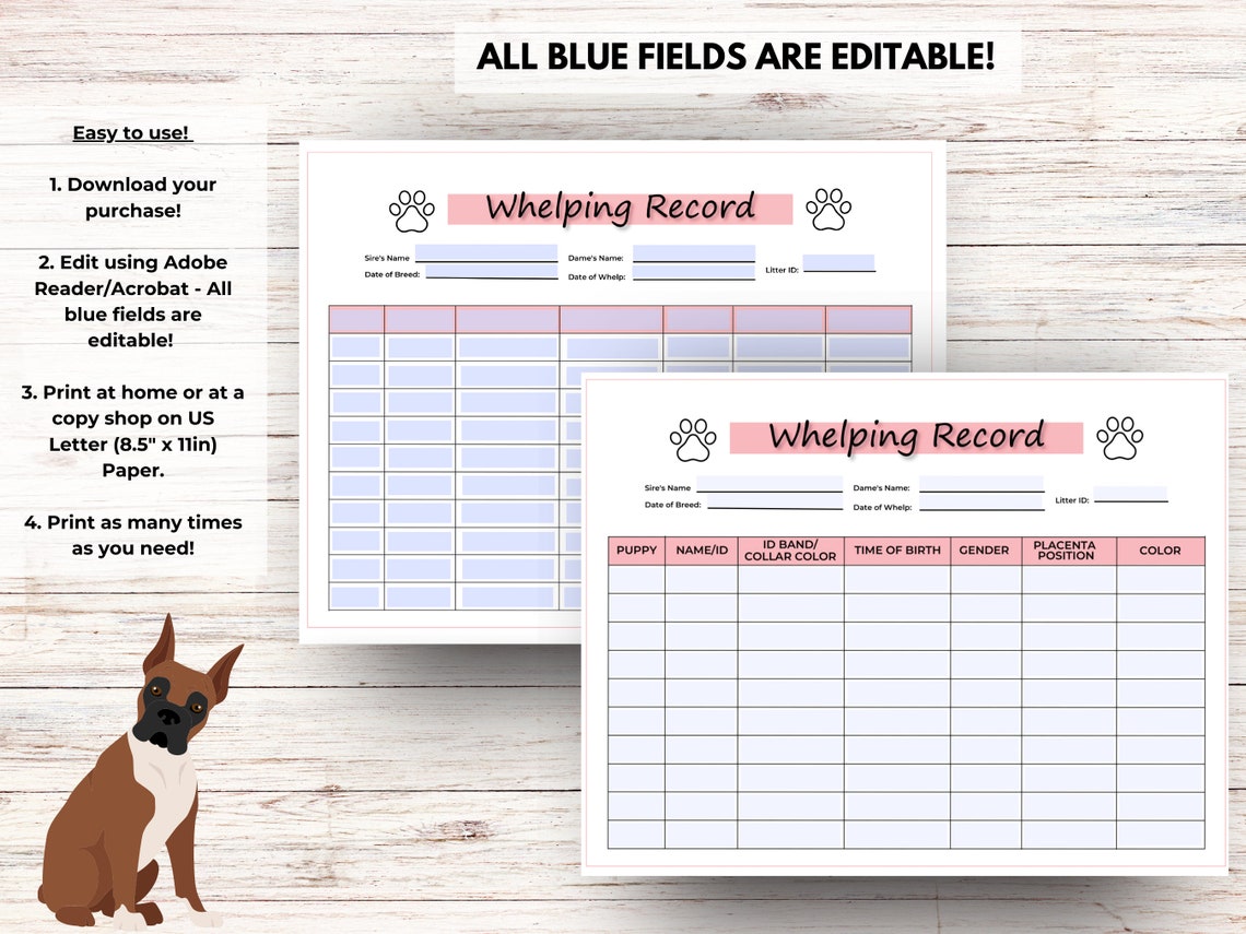 Dog Whelping Record Editable PDF, Breeder Records, Dog Breeder Forms ...